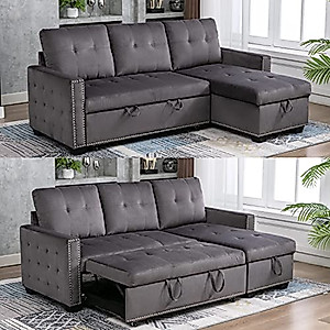 HABITRIO Sectional Sofa with Reversible Storage Lounge Chaise, 77" Modern L-Shape Corner Couch w/Roll-Out Sleeper Bed, Velvet Upholstered Nail Head Trim Seating Furniture for Living Room, Office