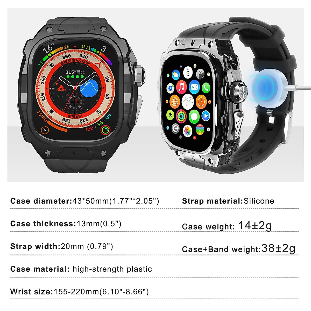 Luxury Translucent Smartwatch Case for Apple Watch Ultra 1/2 49mm, Fully Wrapped Lightweight Rugged case with Band, Silicon Strap, Stainless Steel Buttons, Protective Cover for Men/Women (Black)