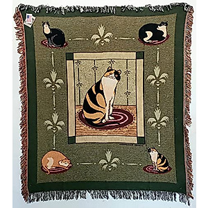 Cat Gallery Giftable Fringed Woven Tapestry Afghan/Throw Blanket or Wall Hanging (51" x 68") 100% Cotton Featuring Fat Cat/Black&White Cat/Orange&Black Tiger Cat/Ginger & White Cat -Made in The USA