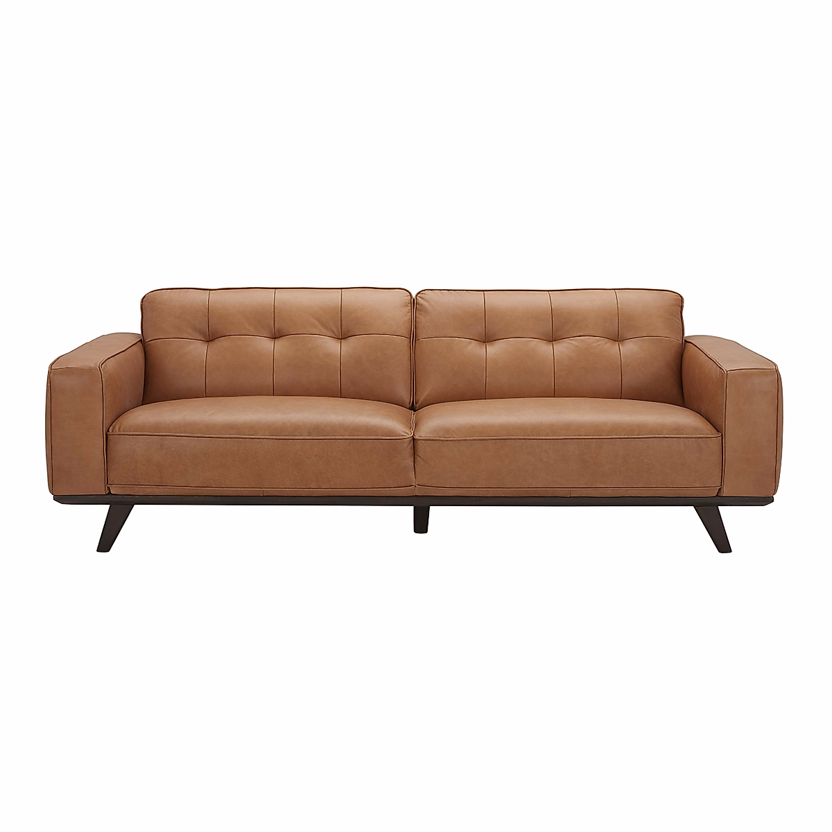 Modern Leather Sofa Couch with Wood Base, 89.4" W, Cognac/Espresso
