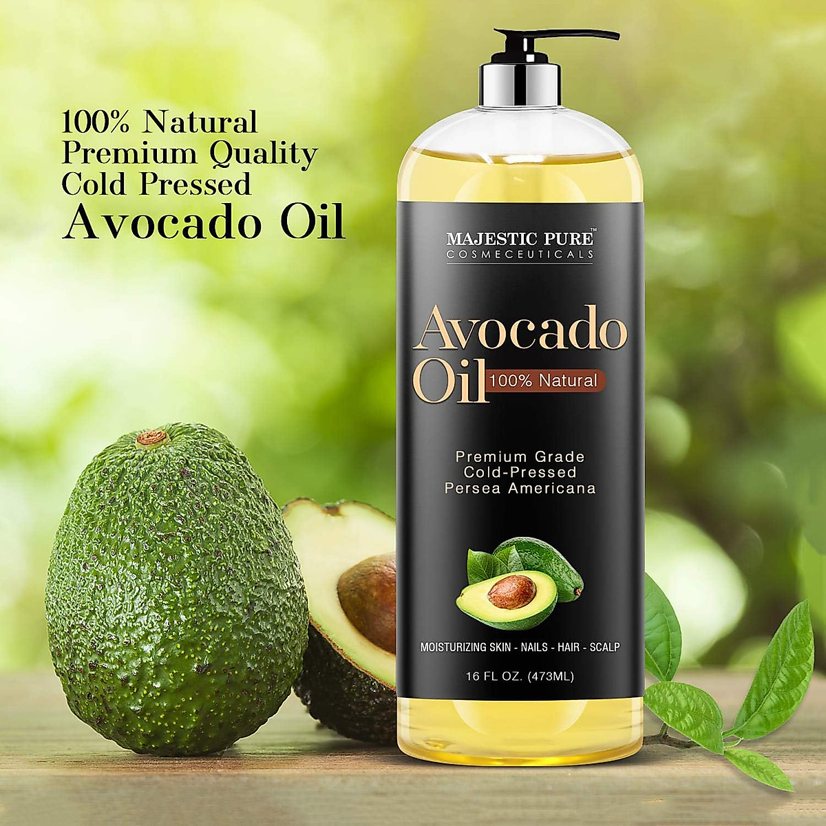MAJESTIC PURE Avocado Oil - 100% Pure and Natural, Cold-Pressed, for Skin Care, Massage, Hair Care, and Carrier Oil to Dilute Essential Oils, 16 fl oz