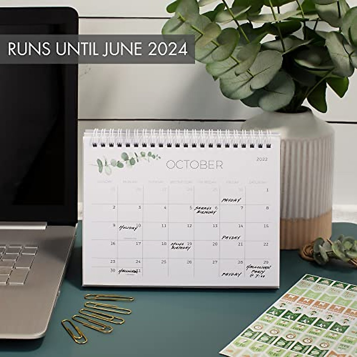 Aesthetic Small Desk Calendar 2023 with Stickers - Runs From October 2022 until June 2024 - Beautiful Greenery 6" x 8" Flip Desktop Calendar for Easy and Effective Organizing
