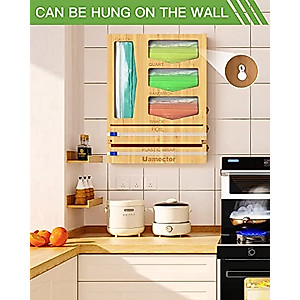 Uamector 6 In 1 Foil and Plastic Wrap Organizer, Ziplock Bag Organizer for Kitchen Drawer, Plastic Wrap Dispenser with Cutter, Bamboo Bag Storage Organizer for Gallon, Quart, Sandwich