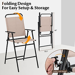 Giantex 3 PCS Outdoor Bistro Set, Patio Bar Table with 2 Folding Chairs, Round Bar Table with Tempered Glass Top & 1.6" Umbrella Hole, Easy Assembly, for Patio, Poolside, Yard, Beige