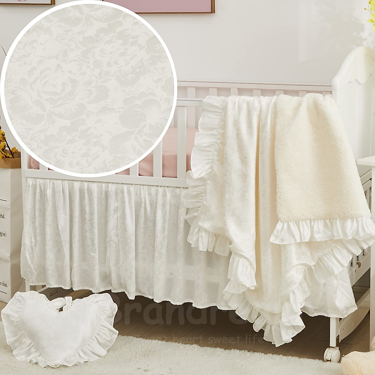 Brandream Baby Girls Nursery Bedding Beige White Blush Solid Color Crib Set Farmhouse Jacquard Rose Baby Blanket, Pink Fitted Sheet,Rose Bed Skirt & Chic Heart Pillow, 4 Pieces