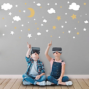 Crescent Moon Stars and Clouds Wall Decals Moon and Stars Nursery Wall Stickers Starry Sky Playroom Decor Kids Rooms Mural Kids Room Wall Art Y59 (White,Gold)