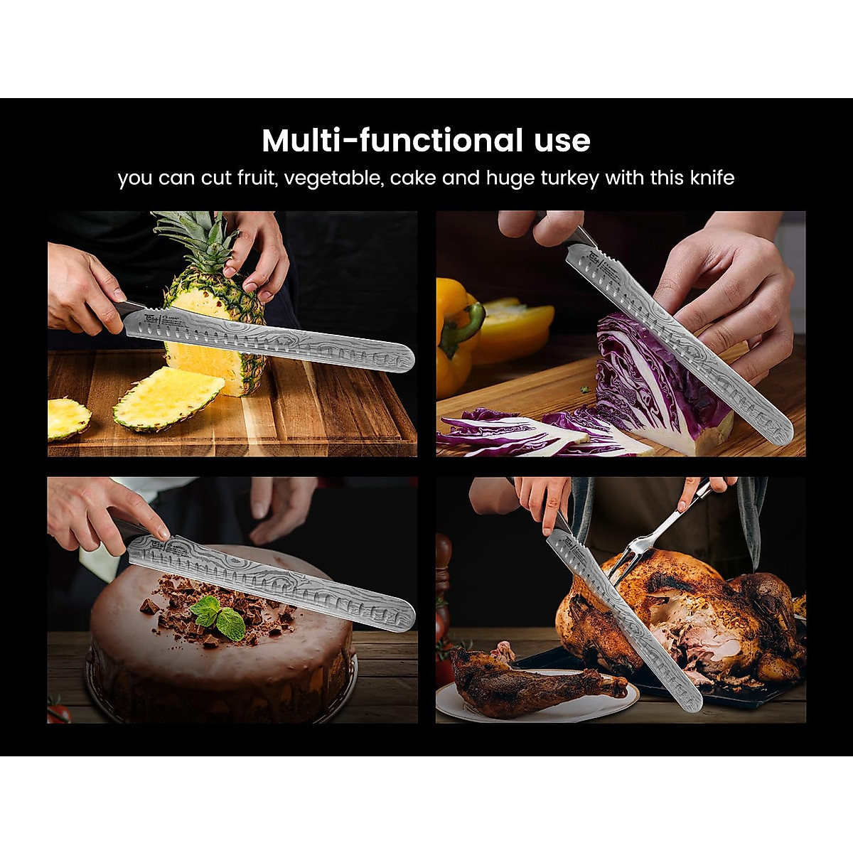 SYOKAMI Multifunction Carving Knife, 12 Inch High-Carbon Japanese Style Brisket Knife with Wood Handle, Damascus Pattern Full Tang Design, Razor Sharp Slicing Knife for Meat Cutting with Gift Box