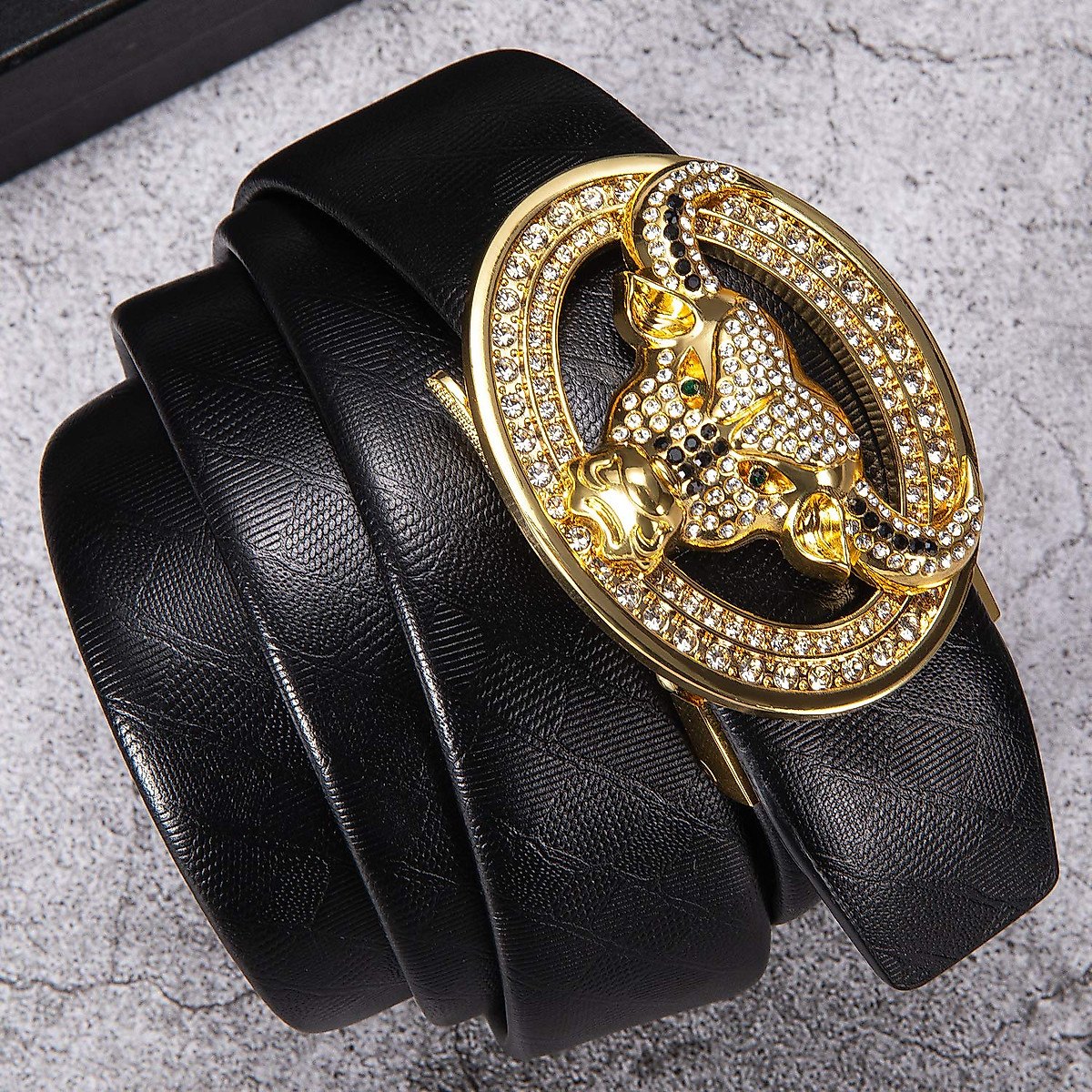YOHOWA Fashion Belt for Men Bull Buckle Designer Gold and Black Leather Stripes Diamond Luxury Business Gift