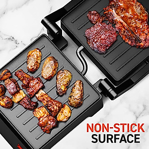 Elite Gourmet EPN160 5.5 x 5.3" Multifunctional, Compact Electric Panini Press, Contact Grill, 180° Flat Grill, Lightweight, Floating Top-plate, Cool-touch Handle Non-Stick Surface, Black