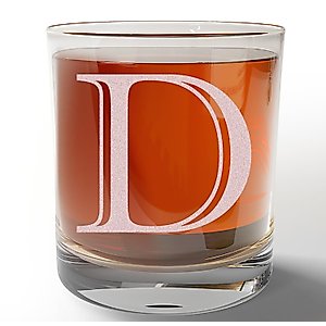 Etched Monogram 11oz Whiskey Rocks Glass (Letter D), A-Z Customized Bourbon Gifts for Men, Personalized Old Fashioned Scotch Glass, Custom Engraved Gifts for Him, Initial, Name, Regalos Personalizados