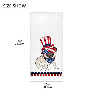 Patriotic Pug Dog Hand Towels 16x30 in USA Flag Striped Bathroom Towel Soft Absorbent Small Puppy in Glasses Hat Bath Towel Kitchen Dish Guest Towel Home Independence Memorial Day Decorations