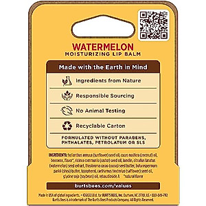 Burt's Bees Watermelon Lip Balm, Lip Moisturizer With Responsibly Sourced Beeswax, Tint-Free, Natural Conditioning Lip Treatment, 1 Tube, 0.15 oz.