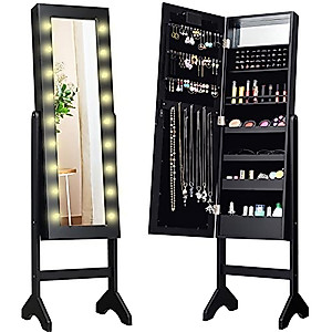 Giantex Standing Jewelry Armoire with 18 LED Lights Around the Door, Large Storage Mirrored Jewelry Cabinet with Full Length Mirror, 16 Lipstick Holders, 1 Inside Makeup Mirror (Black)