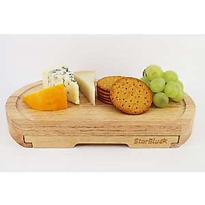 Cheese Board Set by StarBlue - with 4 Knives and Slide Out Drawer | Large Oak Wooden Cheese and Platter Cutting Serving Plate Tray | Best for Housewarming and Birthday Gift