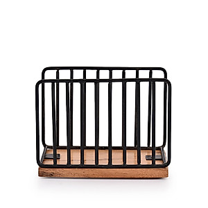 EDHAS Black Iron Wire Tabletop Upright Napkin Holder with Mango Wood Base for Kitchen Dinner Table, Countertop (6" x 3" x 4.5")