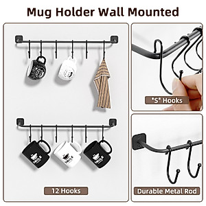 Coffee Cup Holder with 12 Mug Hooks, Mug Racks Wall Mounted 2 Pack, Coffee Mug Organizer Floating, Mug Shelf for Wall, Coffee Cup Display Hanger Pods Holder, Coffee Bar Accessories for Kitchen Black