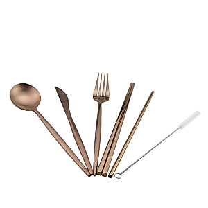 Gugrida Reusable Travel Utensils, 7 Piece Portable 304 Stainless Steel including Knife Fork Spoon Chopsticks Cleaning Brush Straws Portable Pouch, Eco-friendly Camping Silverware Set, Dishwasher Safe