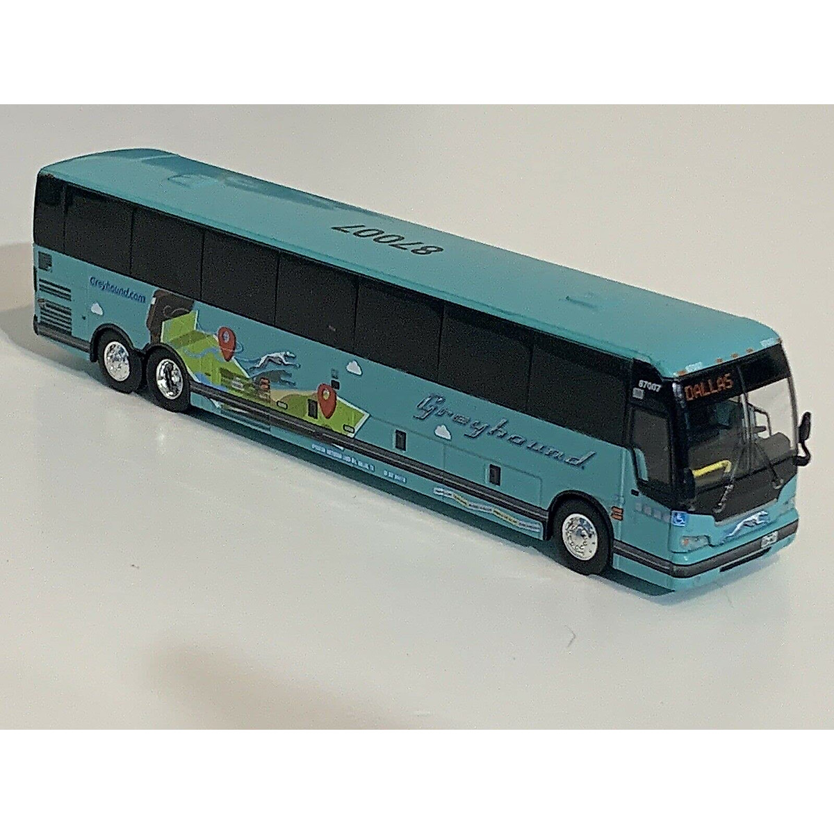 Prevost X345 Greyhound Diecast Bus 1:87-HO Scale Iconic Replicas Go Far Livery-Special Edition New in The Box, Green