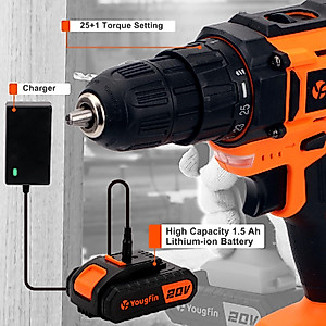 Yougfin Drill Sets Power Tool Combo Kit with 2 Batteries & Charger, 20V Battery Powered Cordless Drill Set with 114pcs Hand Tools, Tool Box with Electric Drill for Home