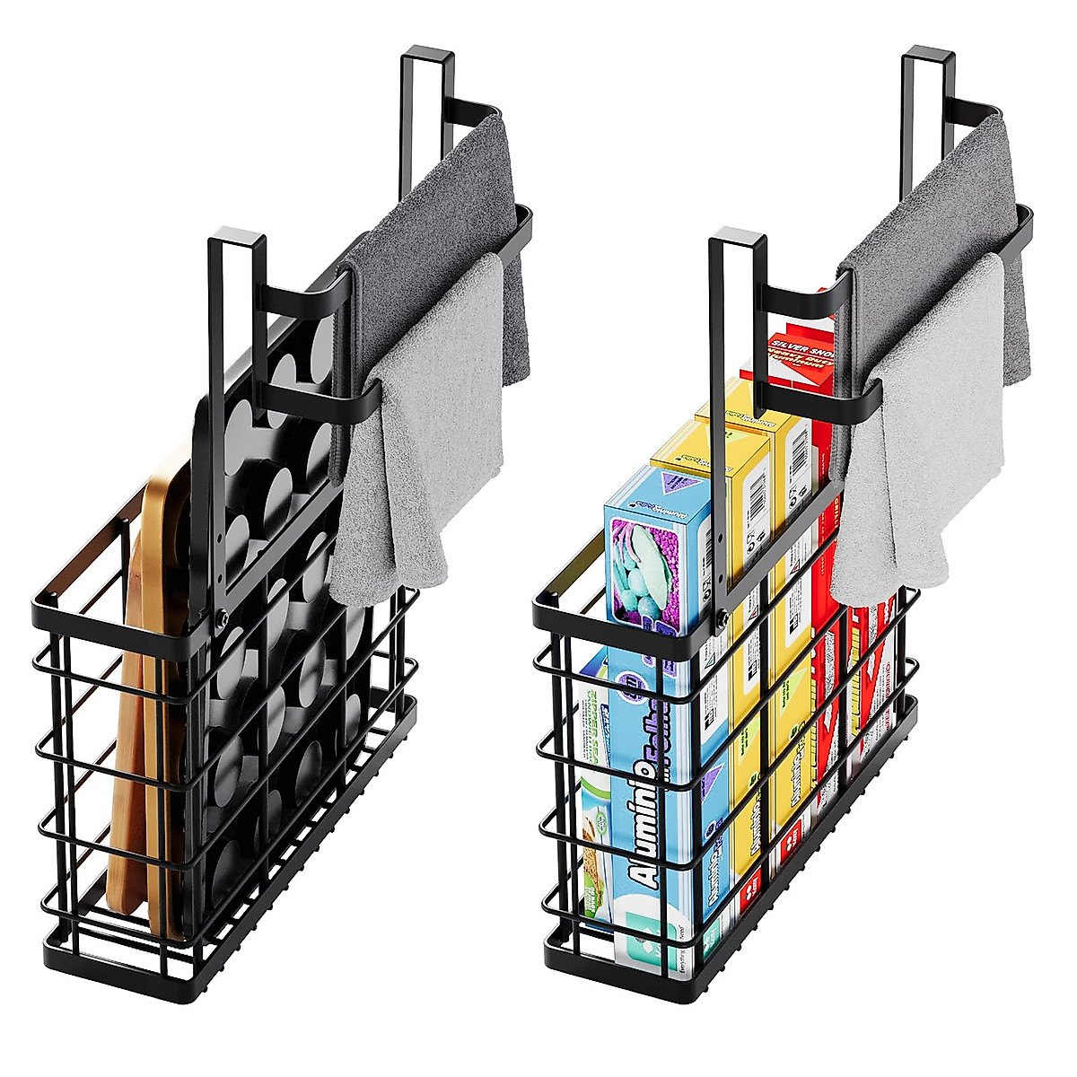 LIVOD 2 Pack Cabinet Door Organizer with 2 Double Towel Bar, Cutting Board Organizer, Kitchen Towel Holder with Foil and Wrap Organizer