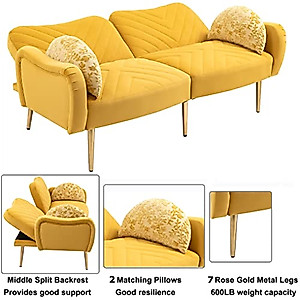 65" Velvet Futon Sofa Bed with 2 Pillows, Modern Accent Sofa Comfy Upholstered Sofa Loveseat Sleeper Bed Couch 2 Seater Folding Sofa for Small Space (Mustard)