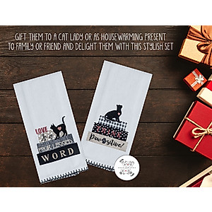 Cat Kitchen Towels with Sayings - 2 Tea Towel Set with Cats Themed Design for Decor, Dish and Hand Drying