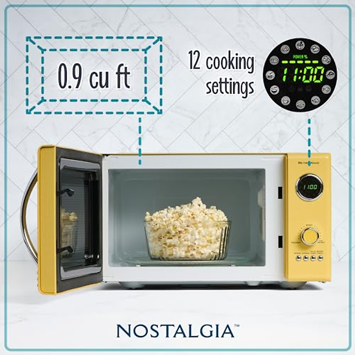 Nostalgia Retro Microwave - Countertop Microwave Oven - Includes 12 Pre-Programmed Settings and Digital Clock - 0.9 CU Ft. - 800 Watts - Yellow