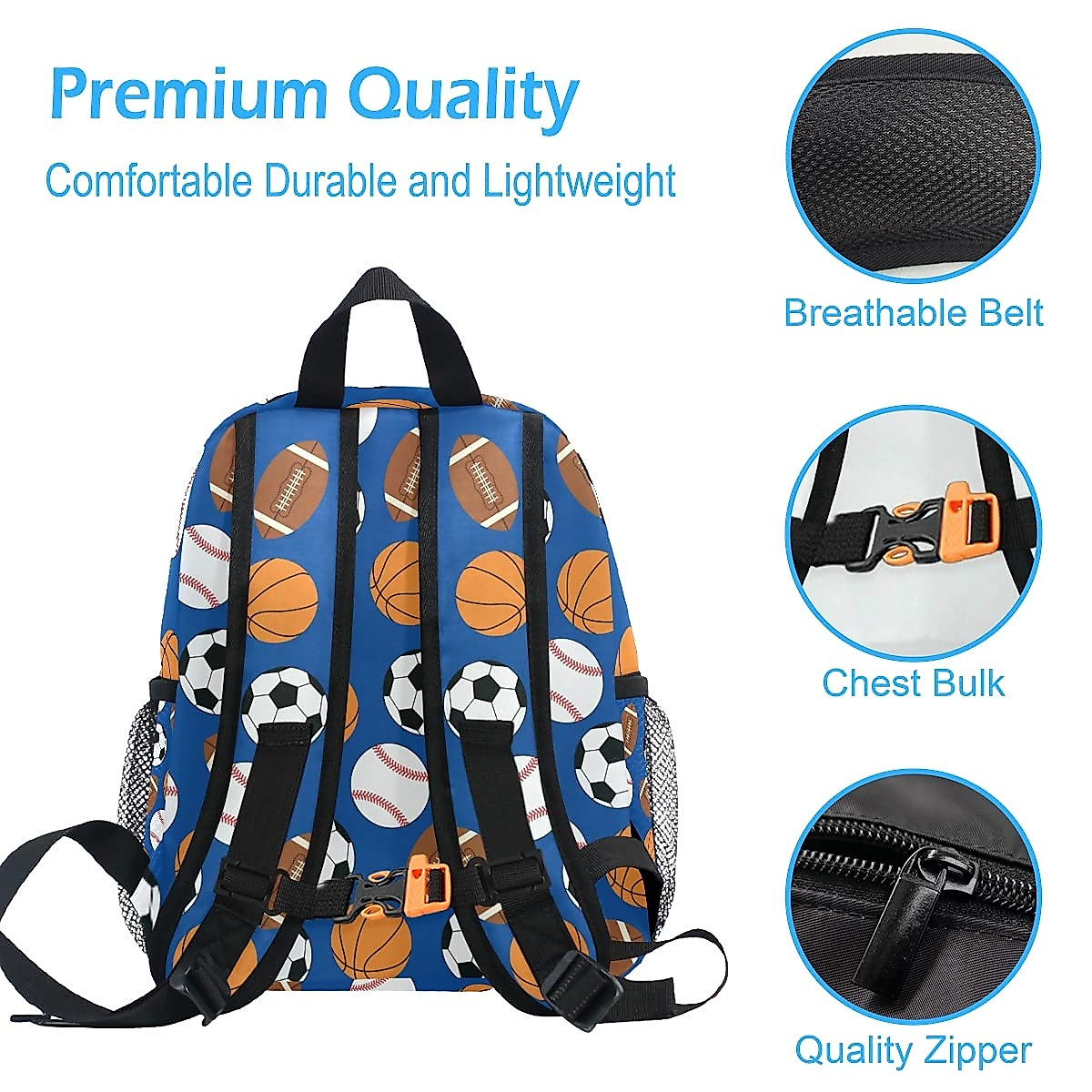Emelivor Custom Football Blue Toddler School Backpack Children Kids Sports School Bag for Children Personalized Lightweight Toddler Bookbag with Chest Strap