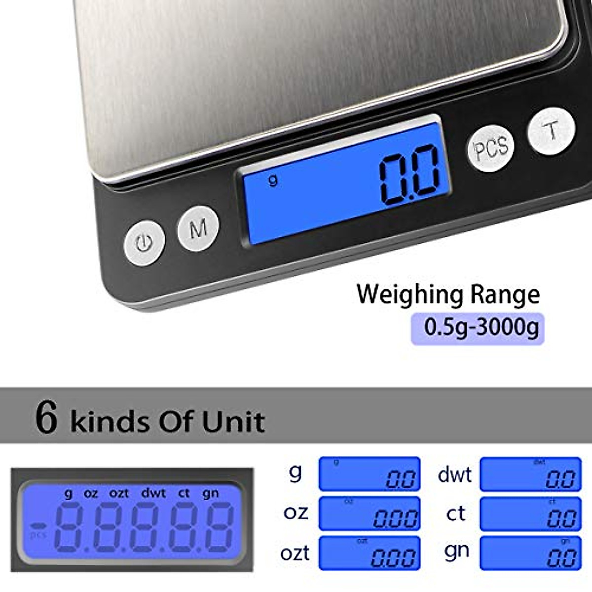 Fuzion Digital Kitchen Scale 3000g/ 0.1g, Pocket Food Scale 6 Measure Modes, LCD, Tare, Digital Scale Grams and Ounces with 2 Trays for Food, Cooking, Nutrition, Reptiles(Battery Included)