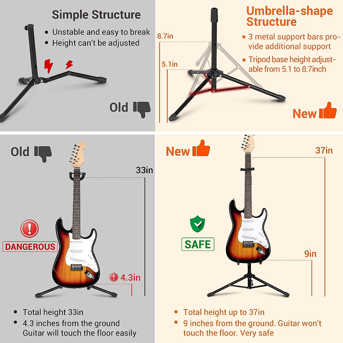 CAHAYA Guitar Stand Floor for Acoustic Electric Classical Guitars Bass Banjo Height Adjustable Guitar Tripod Stand Black Upgraded Version