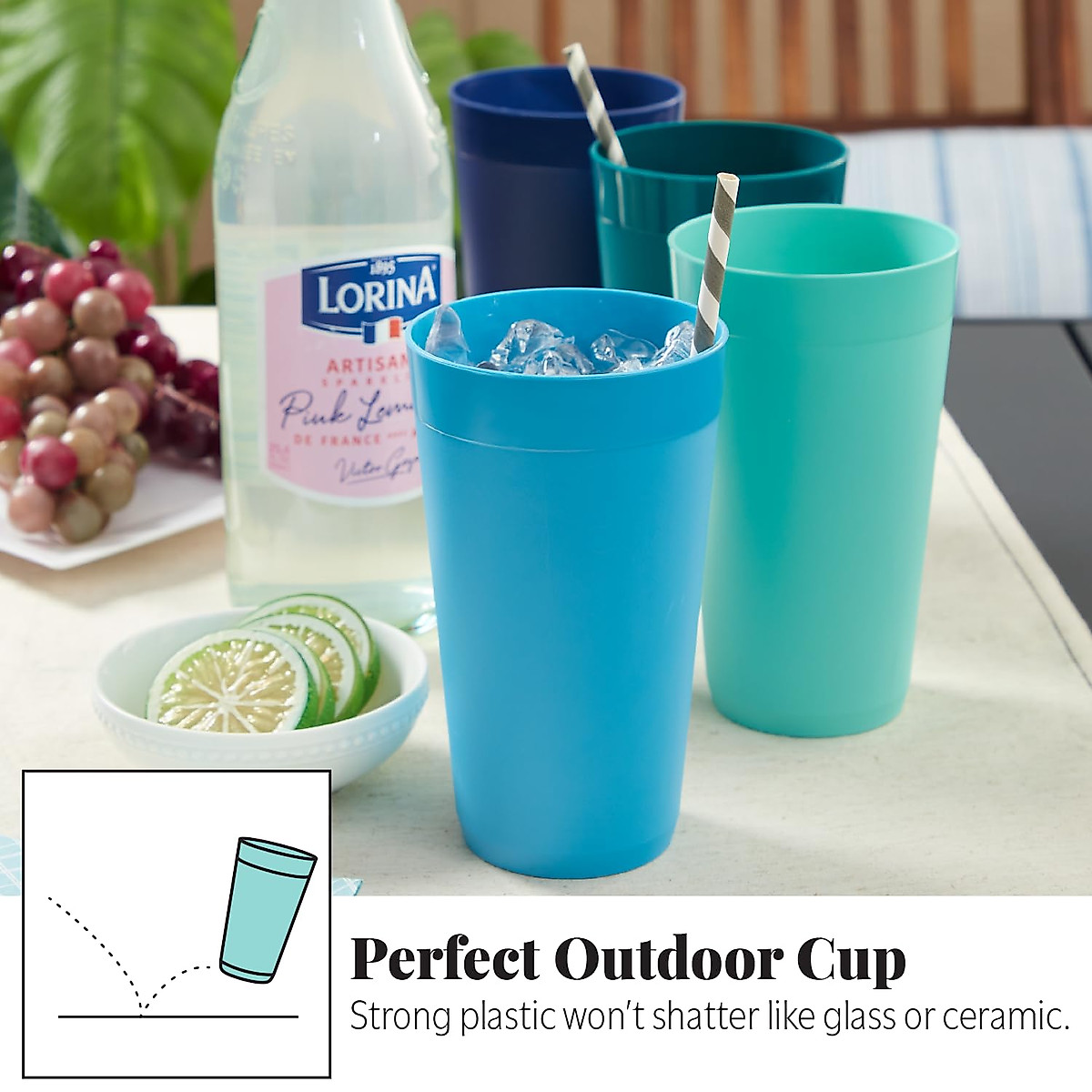 US Acrylic Newport 20 ounce Unbreakable Plastic Stackable Water Tumblers in 4 Coastal Colors | Set of 12 Drinking Cups | Reusable, BPA-free, Made in the USA, Top-rack Dishwasher and Microwave Safe
