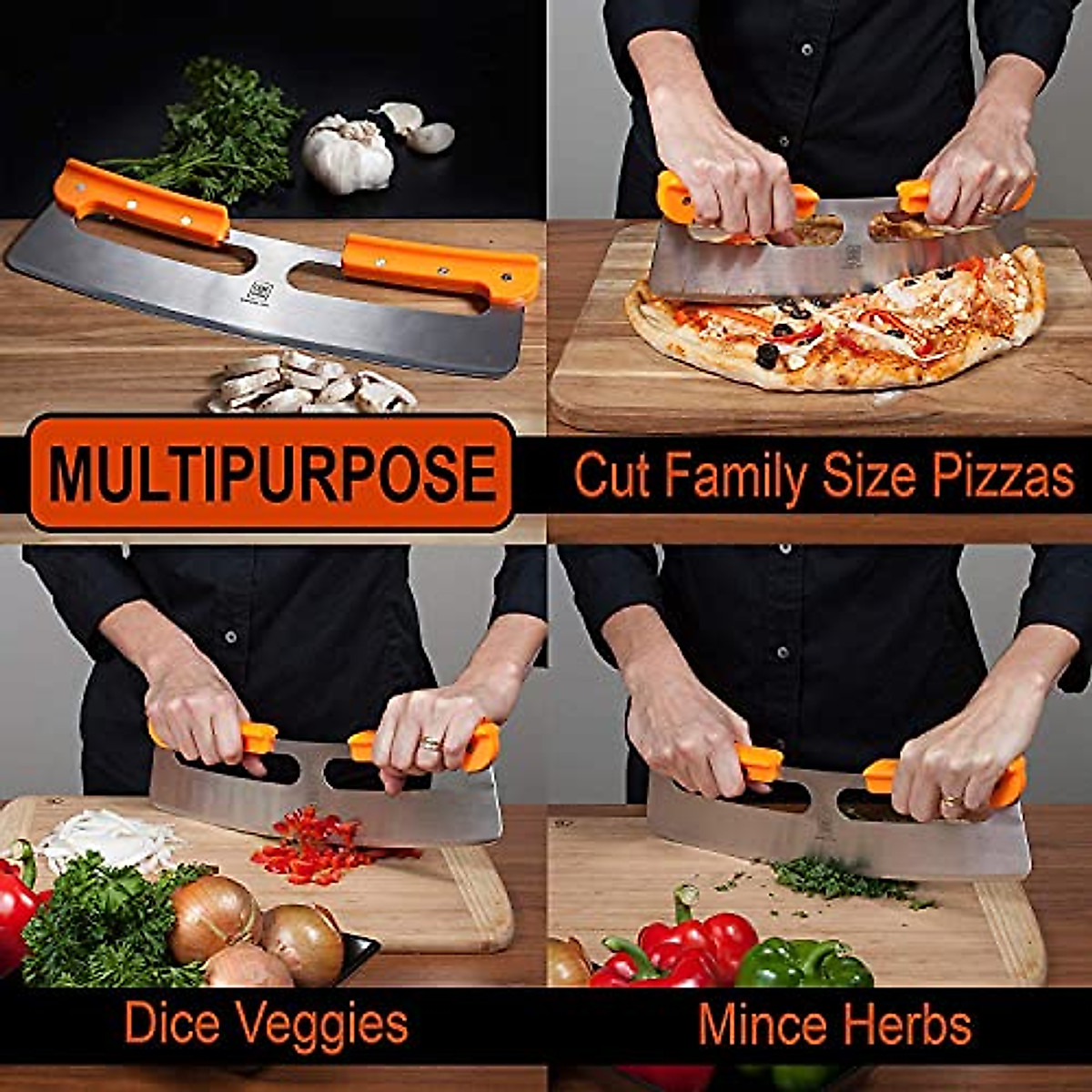 The Original Pizza Cutter Rocker Blade 14 inch. Very Sharp Hardened Stainless-Steel Pizza Slicer with Protective Cover. Safest ABS Plastic Grip Design. Great on All Types of Crusts, Flatbreads & Pies