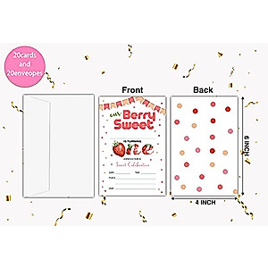 Birthday Party Invitation Cards for Kids, 1st Birthday Party Invites, our berry sweet Strawberry Party Celebration for Birthday, Party Supplies, Decoration, Personalized 20 Cards With Envelopes(D026)