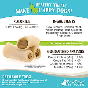 Raw Paws Filled Cow Femurs for Dogs - Peanut Butter Flavor, 3-4", 6-ct - Peanut Butter Filled Bones for Dogs - Filled Dog Bones for Large Dogs - Stuffed Dog Bones - Stuffed Bones for Dogs