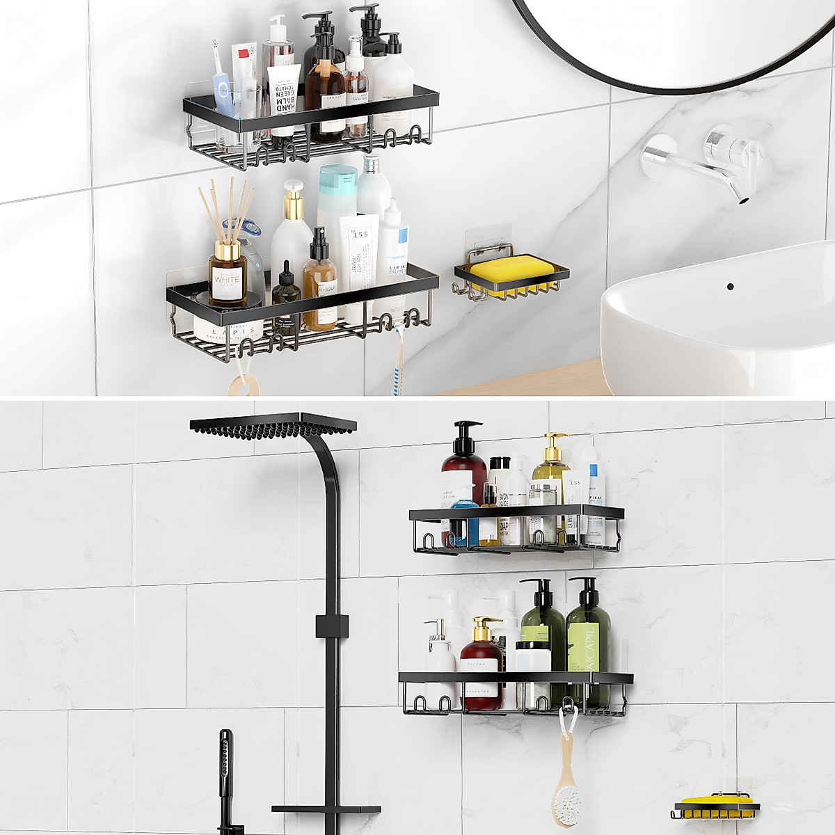 Moforoco 3-Pack Shower Caddy Basket Shelf with Soap Holder, No Drilling Traceless Adhesive Shower Wall Shelves, Rustproof Black Bathroom Shower Storage Organizer…