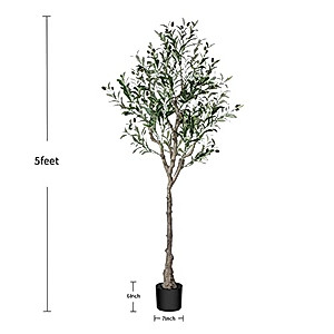 Dr.Planzen Artificial Olive Tree,5FT Tall Fake Plant Faux Olive Plants for Indoor,Natural Fake Tree,Artificial Silk Plants for Office Home Living Room Floor Patio Greening Porch Decor,Set of 1