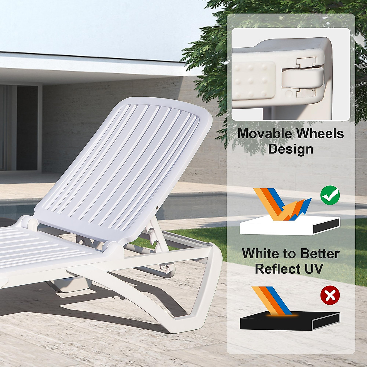 Domi Outdoor Chaise Lounge Set of 3, Pool Lounge Chairs Plastic Adjustable Recliners Tanning Lounge Chair with Table for in-Pool Sunbathing Beach Lawn Poolside, White