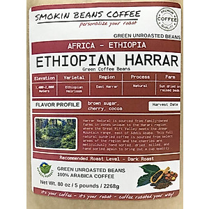 5-pound Ethiopia Harrar Natural (Unroasted Green Coffee Beans) African heirloom Arabica coffee fresh current-crop beans for home coffee roasters specialty-grade coffee beans includes a free burlap bag