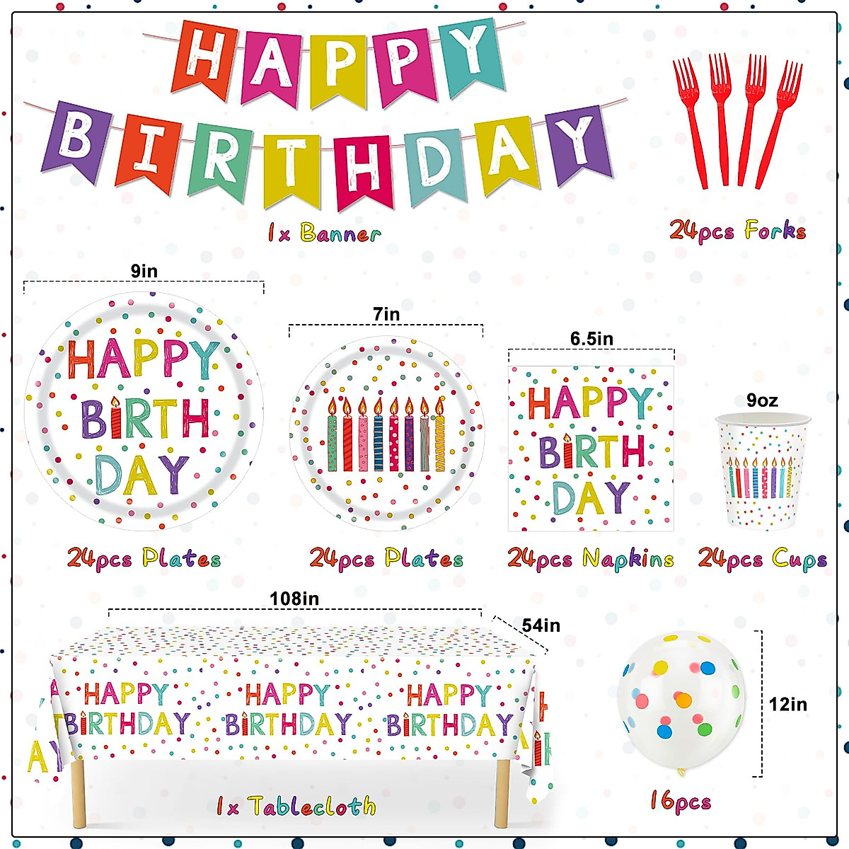 Birthday Party Decorations, 138Pcs Polka Dots Happy Birthday Party Supplies-Serves 24 with Birthday Plates and Napkins Birthday Banner Tablecloth for Boys Girls Birthday Party Decorations