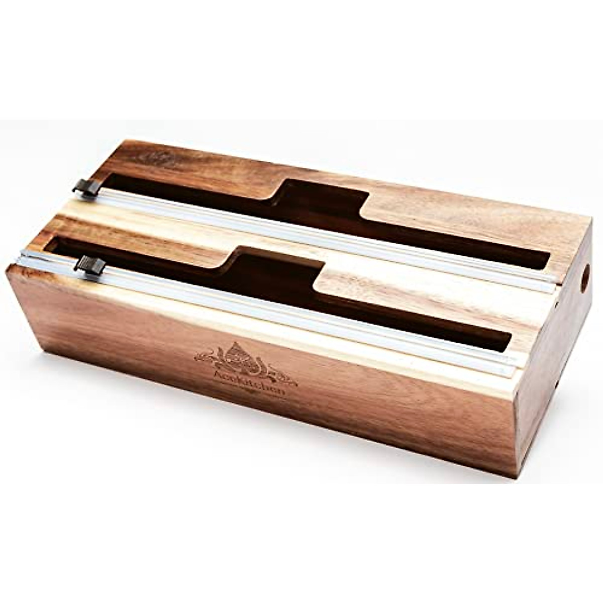 AceKitchen Foil and Plastic Wrap Organizer, 2 in 1 Wrap Dispenser with Cutters, Acacia Wood Organizer, Compatible with 12" Roll, 2 in 1 Wrap Dispenser, Aluminum Foil Dispenser for Kitchen Organization