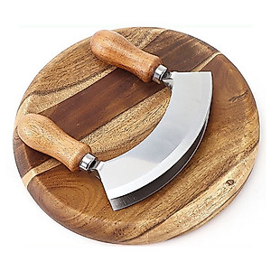 Mezzaluna Knife and Round Cutting Board - Double Blade Chopping Knife Pizza Cutter Rocker Knife Mezzaluna With Wood Cutting Board Salad Chopper Mincing Knife Stainless Steel