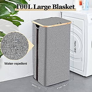 Grey Laundry Hamper with Lid, 100L Large Laundry Basket, Clothes Hamper with Clear Window Visible, Removeable Laundry Bags for Bathroom Bedroom Home, Toy Organizer, Laundry Room