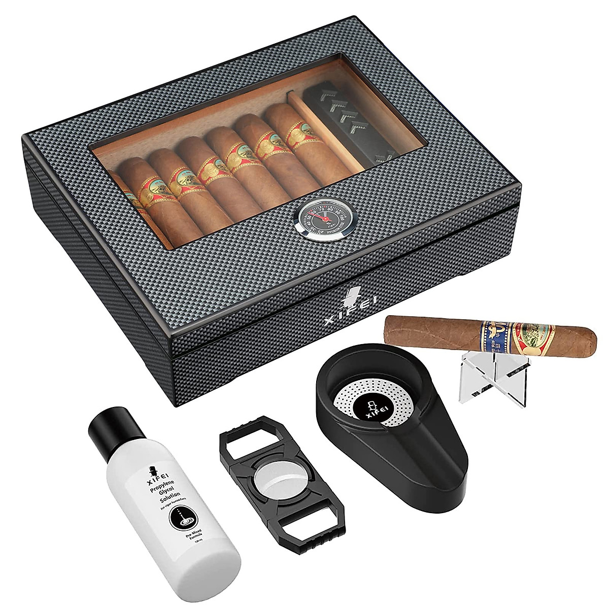 XIFEI Cigar Humidor, Glass Top Carbon Fiber Texture top Inlay Hygrometer,Including Cigar humidifier, Acrylic Cigar Stand,Cigar Ashtray and Humidor Solution, Holds 25-60 Cigars (9IN*7.5 * 2.8)