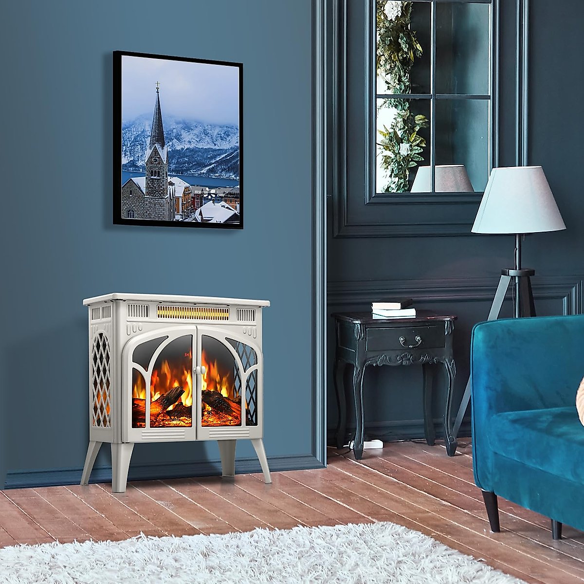 R.W.FLAME Electric Fireplace Heater 25" with Remote, Cathedral Stylish, Different Flame Effects and Log Set Colors, Adjustable Brightness and Heating Mode, Overheating Safe Design, Beige