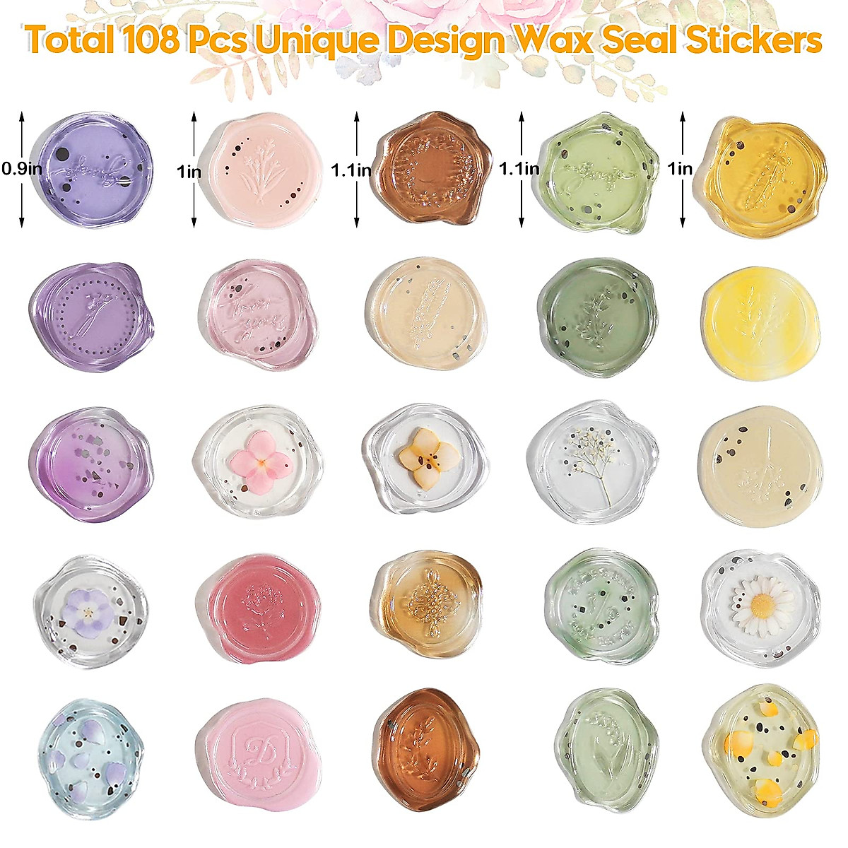 Wax Seal Stickers for Wedding Envelopes 108 Pcs Invitation Envelope Seal Sticker Premade for Baby Shower Birthday Bridal Shower,Clear Crystal Style with Love Floral Botanical Theme,Self Adhesive