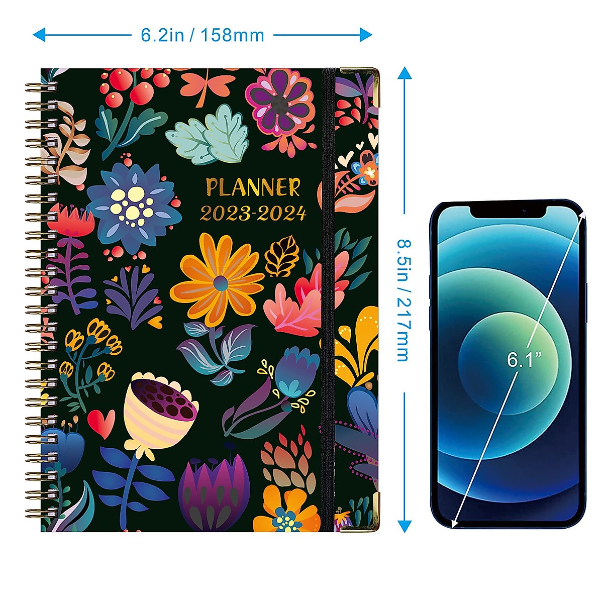 2023 Planner, Jul. 2023 – Jun. 2024, Academic Planner 2023-2024, 8.4" x 6.2" with Weekly ＆ Monthly Spread, Spiral Planner Notebook, Elastic Closure, Inner Pocket, Coated Tabs, Floral