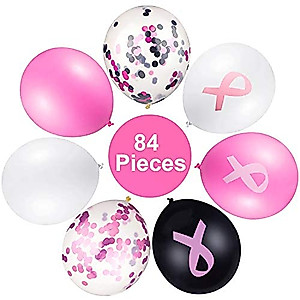 84 Pieces Pink Ribbon Balloons Breast Cancer Awareness Balloons Transparent Confetti Glitter Balloons Set for Party Decoration