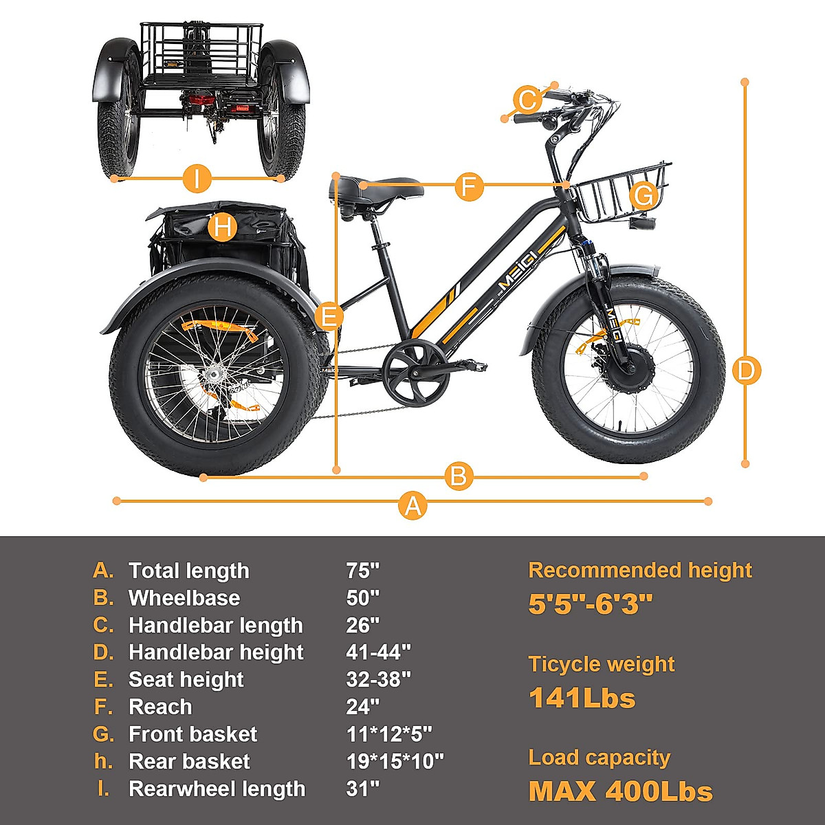 DWMEIGI 3 Wheel Electric Bike for Adult with 750W Motor, 48V 18.2AH Removable Lithium Battery, 20"*4.0 Fat Tire Tricycles for Men Women with Front & Rear Baskets, 7 Speed (Black)