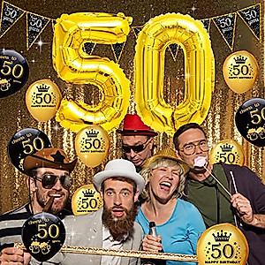 50th birthday decorations for men women - (76pack) black gold party Banner, Pennant, Hanging Swirl, birthday balloons, Tablecloths, cupcake Topper, Crown, plates, Photo Props, Sash for gifts