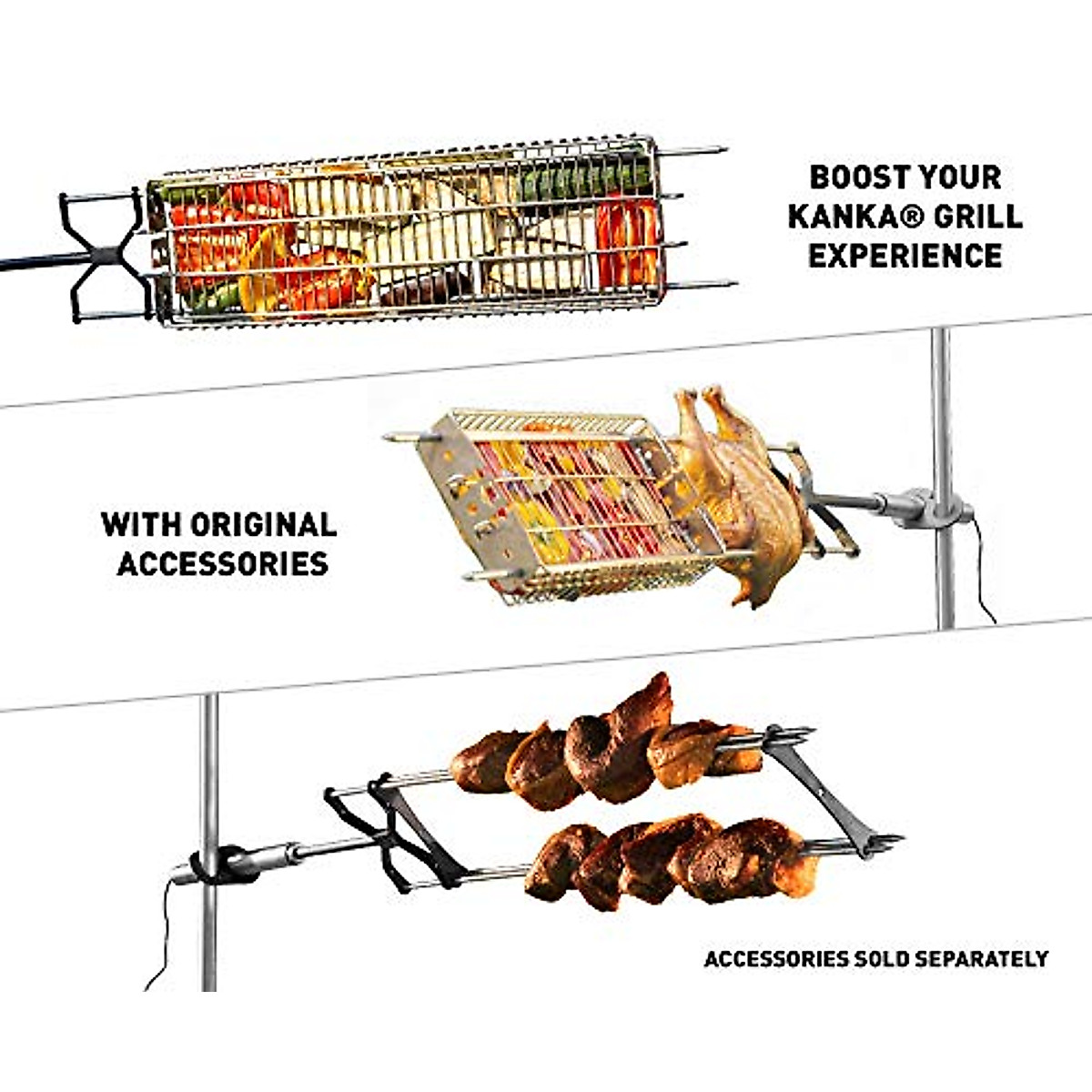 The KANKA GRILL: Heavy Duty Rotisserie Grill for Home + portable for Outdoors. Electric Motor works with 110-240V or batteries. Cook over any grill or fire. ALL steel professional grade equipment